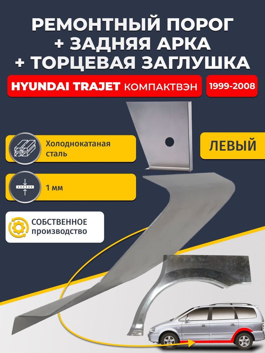 Левая задняя ремонтная арка (0,8 мм) и левый стандартный ремонтный порог (1 мм) + торцевая заглушка (1 мм) на Hyundai Trajet 1999 - 2008 (Хендай Траджет). Холоднокатаная сталь