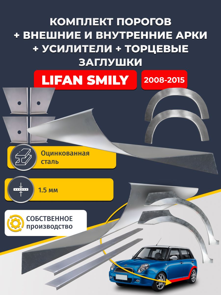 Комплект ремонтных задних внешних и внутренних арок (0,8 мм) + комплект порогов + 4 торцевые заглушки + усилители, на Lifan Smily 320330 2008-2018 (Лифан Смайли) Оцинкованная сталь 1.5 мм