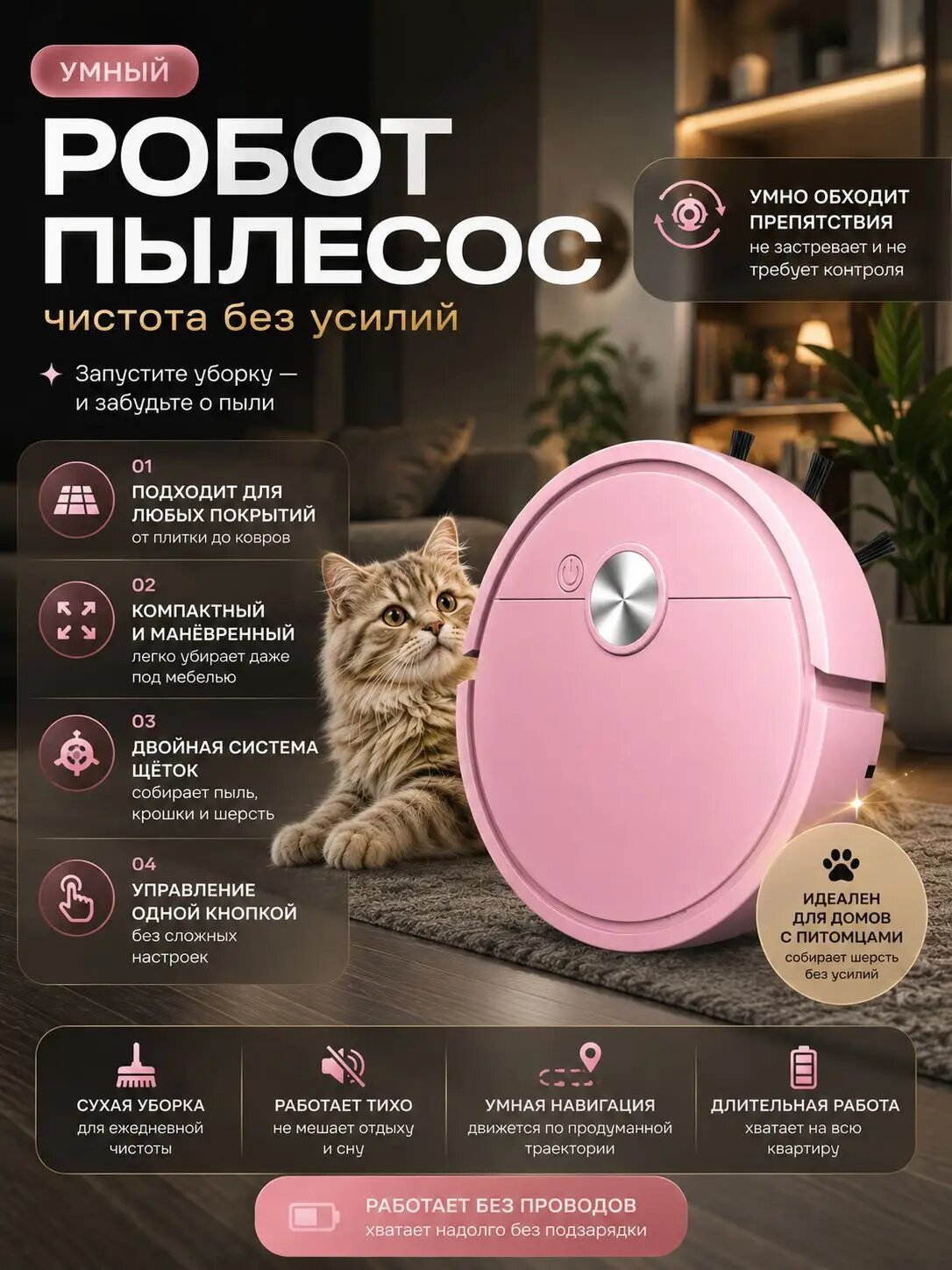 Мини робот-пылесос, розовый