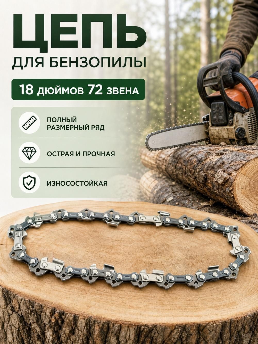 Пильная цепь 16 дюймов, 56 звеньев, сталь, 3/8, паз 0.050