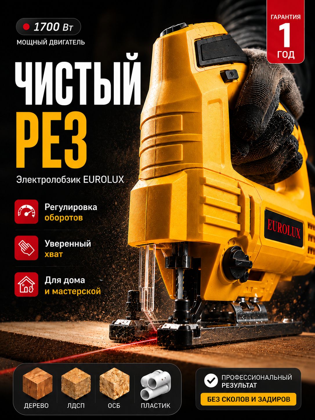 Электролобзик Eurolux ЛЭ-1700W, 1700 Вт, маятниковый ход, регулировка оборотов, для дерева, ЛДСП и пластика