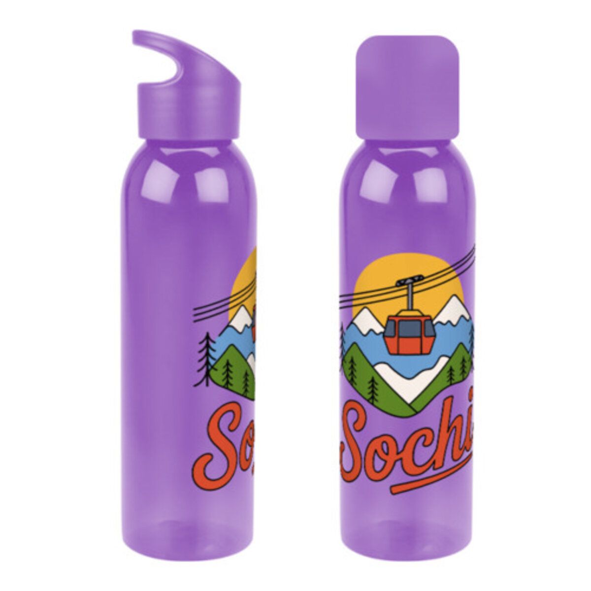 Бутылка для воды фиолетовая с принтом Горный пейзаж с канаткой на закате. Сочи спортивная