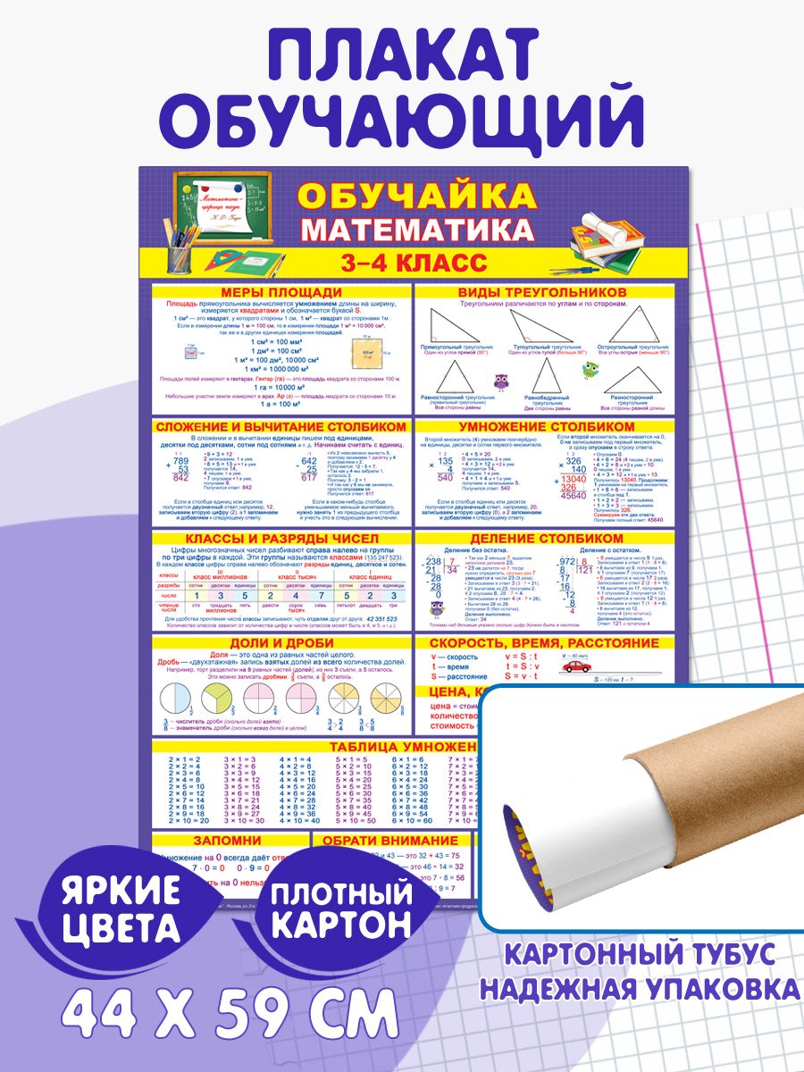 Обучающий постер-плакат для начальной школы "Обучайка Математика", 3-4 класс