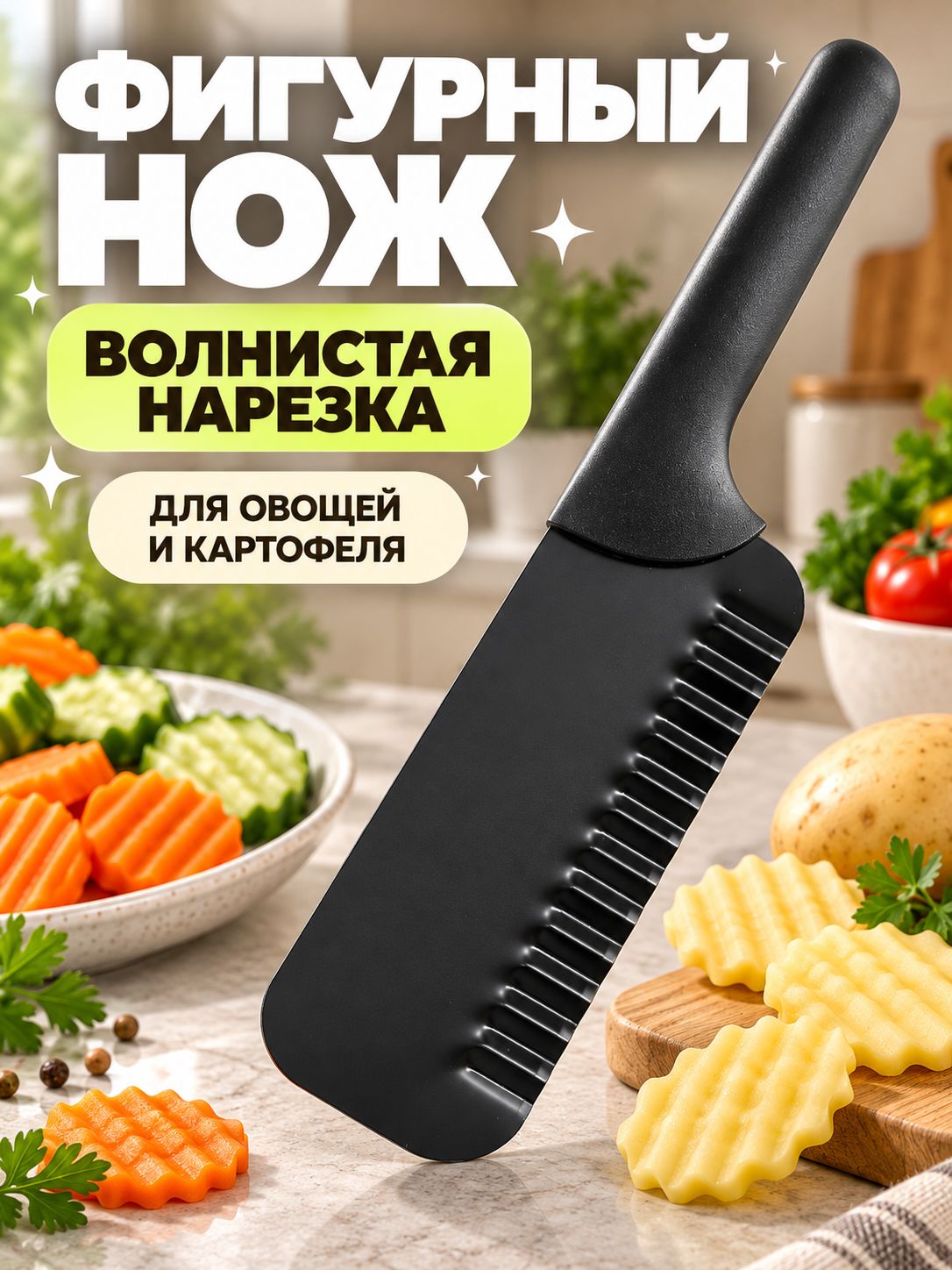 Нож для фигурной нарезки овощей и фруктов волнистый рифленый