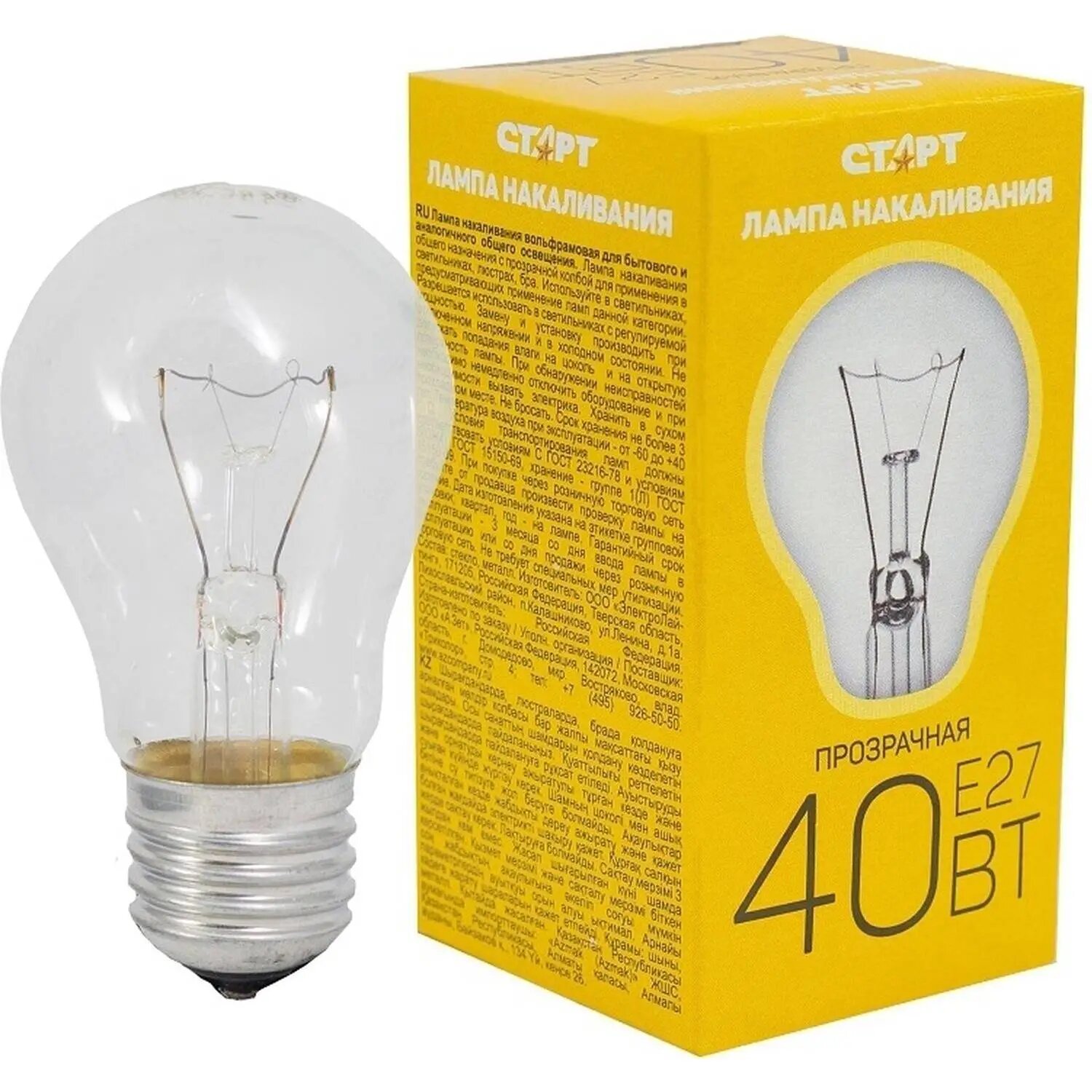 Электрическая лампа старт стандартная/прозрачная 40W E27
