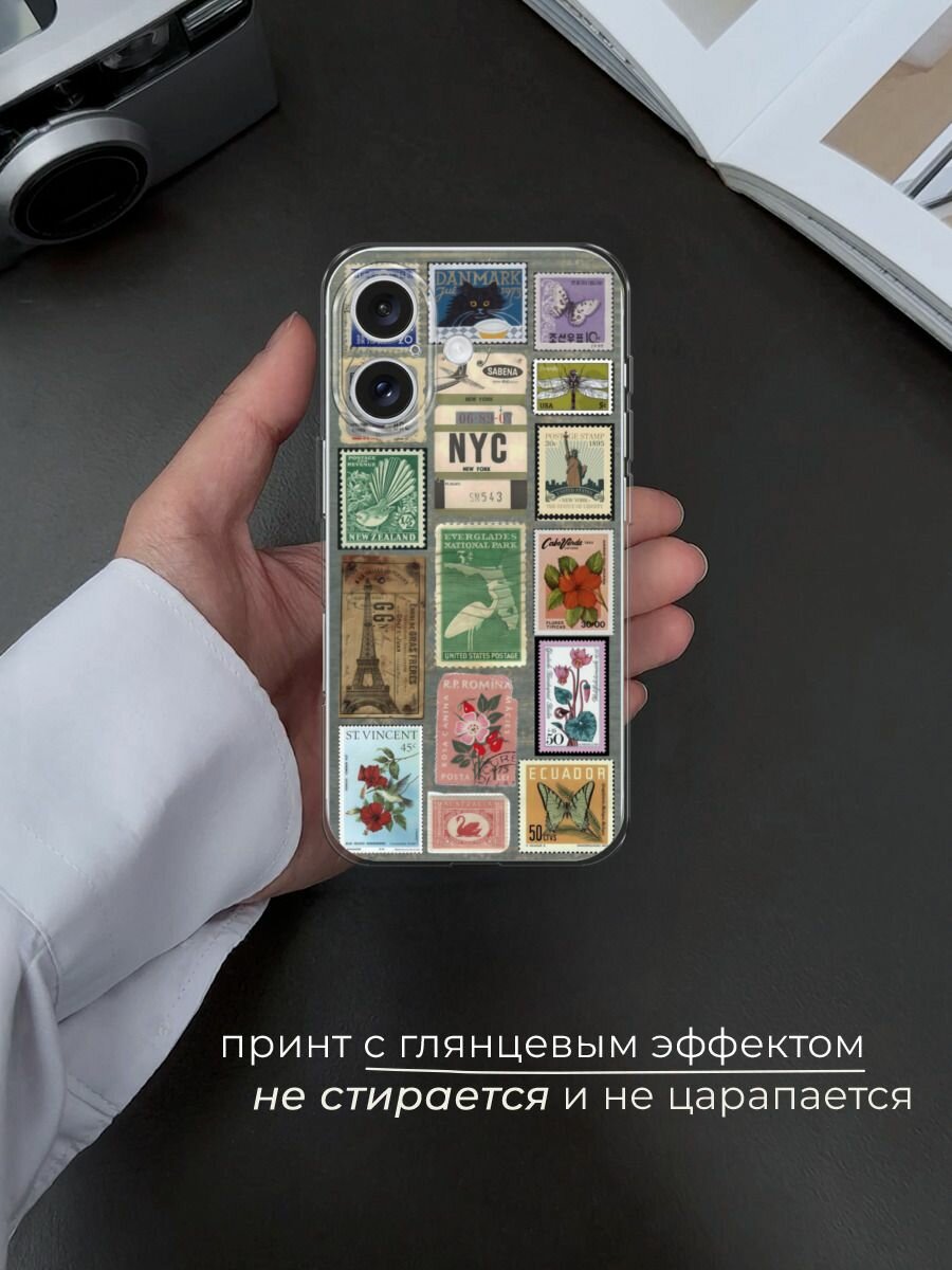 Чехол на Apple iPhone 16 / Айфон 16 с принтом Коллаж из марок — фото 1