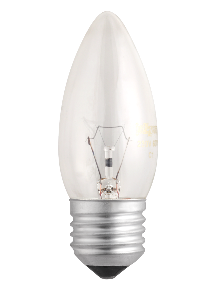 Лампочка накаливания Jazzway 60Вт, 580Лм, 2700К, E27, теплый белый свет, прозрачная свеча