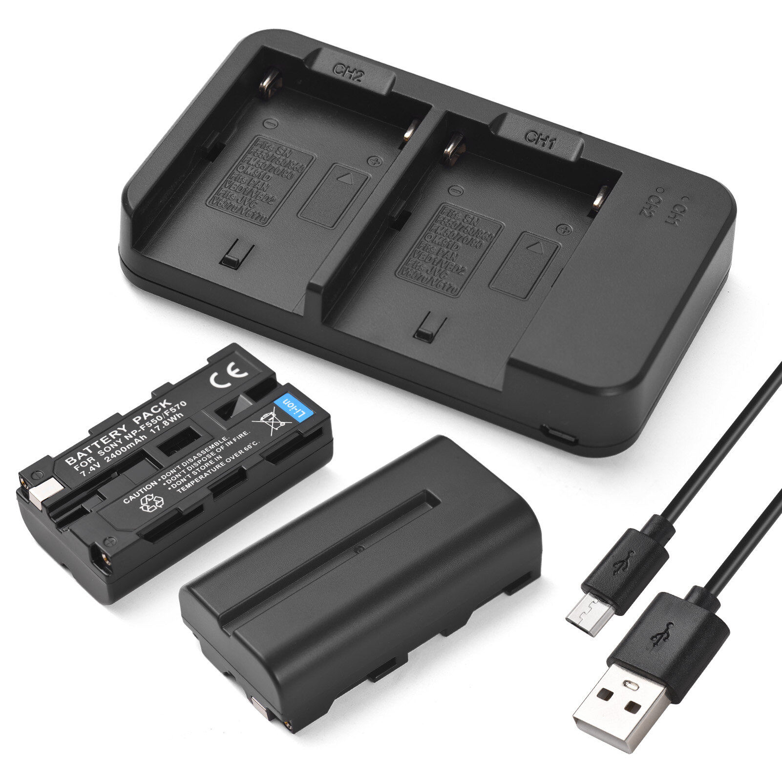 Кит baterii i charger dlya kamery NP-F550/F570 s 2-slotovym chargerom + 2 batarey NP-F550/F570 7.4V 2400mAh + USB kabel dlya zaryady replacement dlya Sony NP-F970 F750 F770 F960 F550 F530 F330 F570