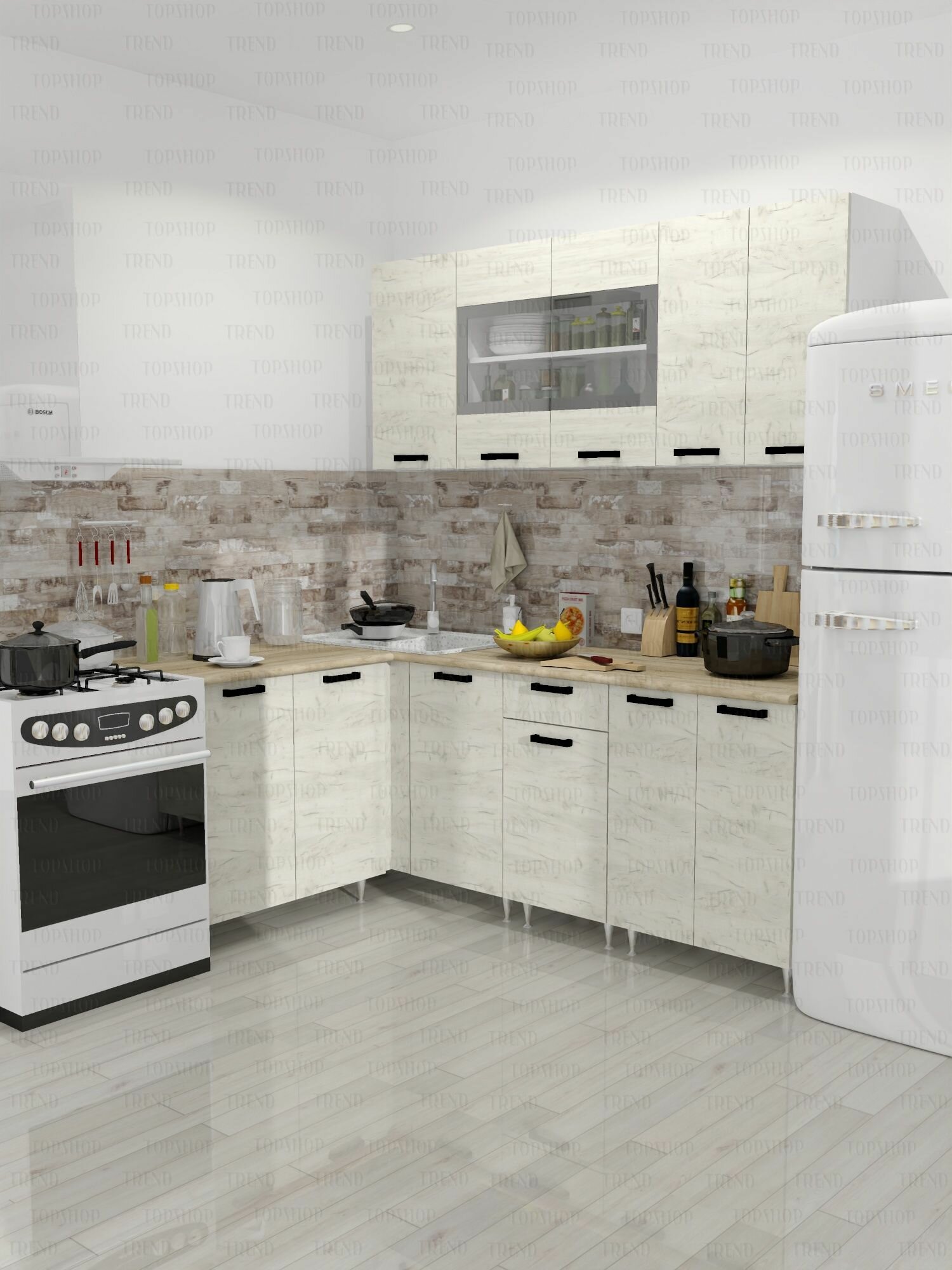 Угловой кухонный гарнитур 1.4х2.0 м, Крафт белый /Сонома