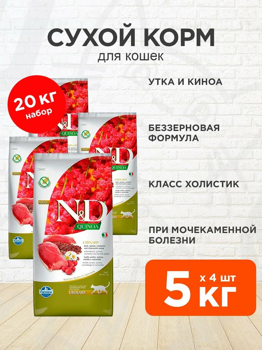 Корм сухой Farmina Cat N&D Grain Free Quinoa Urinary Duck для взрослых кошек при МКБ с уткой и киноа, 5 кг х 4 шт