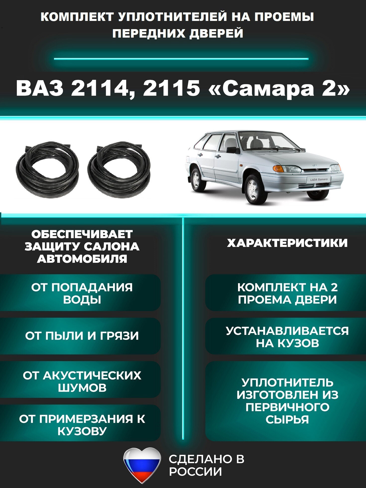 Комплект уплотнителей проема передних дверей для ВАЗ 2114, 2115, Лада Самара 1997-2013 год, 2 шт