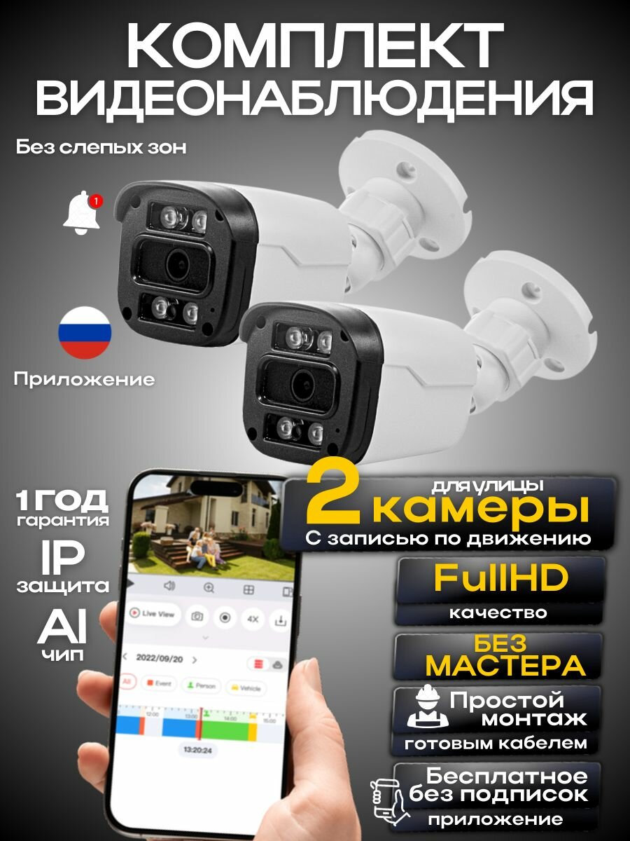 Комплект видеонаблюдения 2 камеры проводные без жесткого диска, готовые кабели, уличные камеры, Ucam