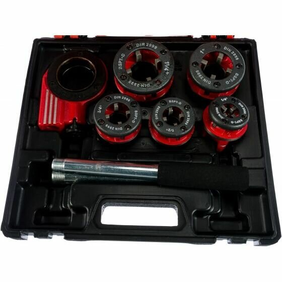 Набор клуппов MATRIX 77332 1/4"-1/2"-3/4"-1"-1,25"+ плашкодержатель с трещоткой, 8 предм