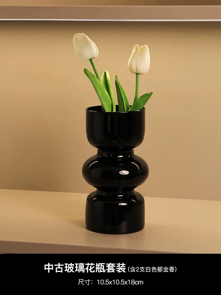 Черный стеклянный вазон с 2 тюльпанами, современный декоративный аксессуар для центральных композиций на столе