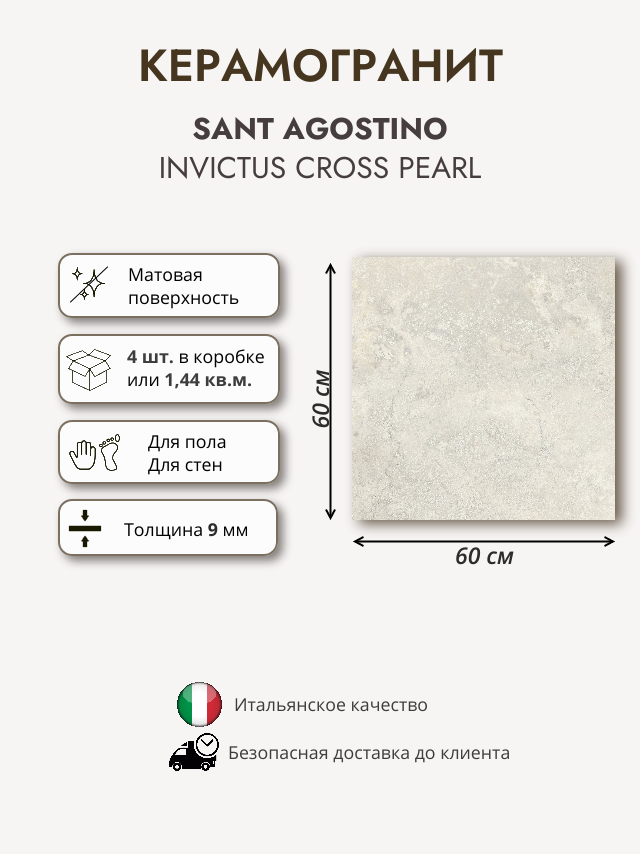 Керамогранит SANT AGOSTINO Invictus Cross Pearl 60X60 см, матовый, 1,44 кв. м (4 шт в упак)