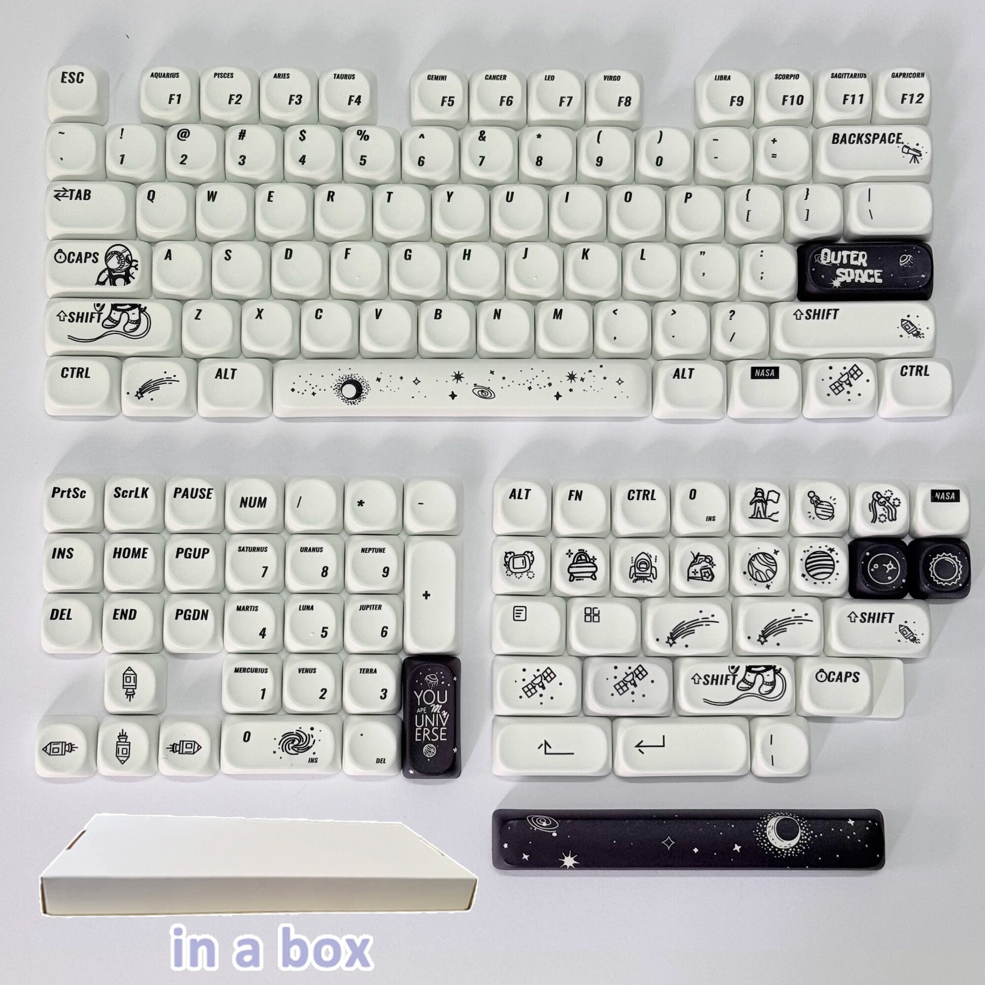Колпачки для клавиш Space Astronaut, профиль MOA, черный, белый цвет, набор клавишных колпачков индивидуального дизайна для игровой механической клавиатуры, колпачки для клавиш PBT