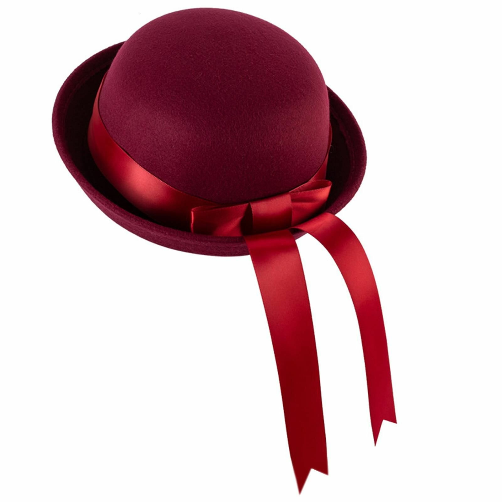 Винтажная шляпа-котелок с бантом для зимних праздников, Лента цвета красного вина - Взрослый