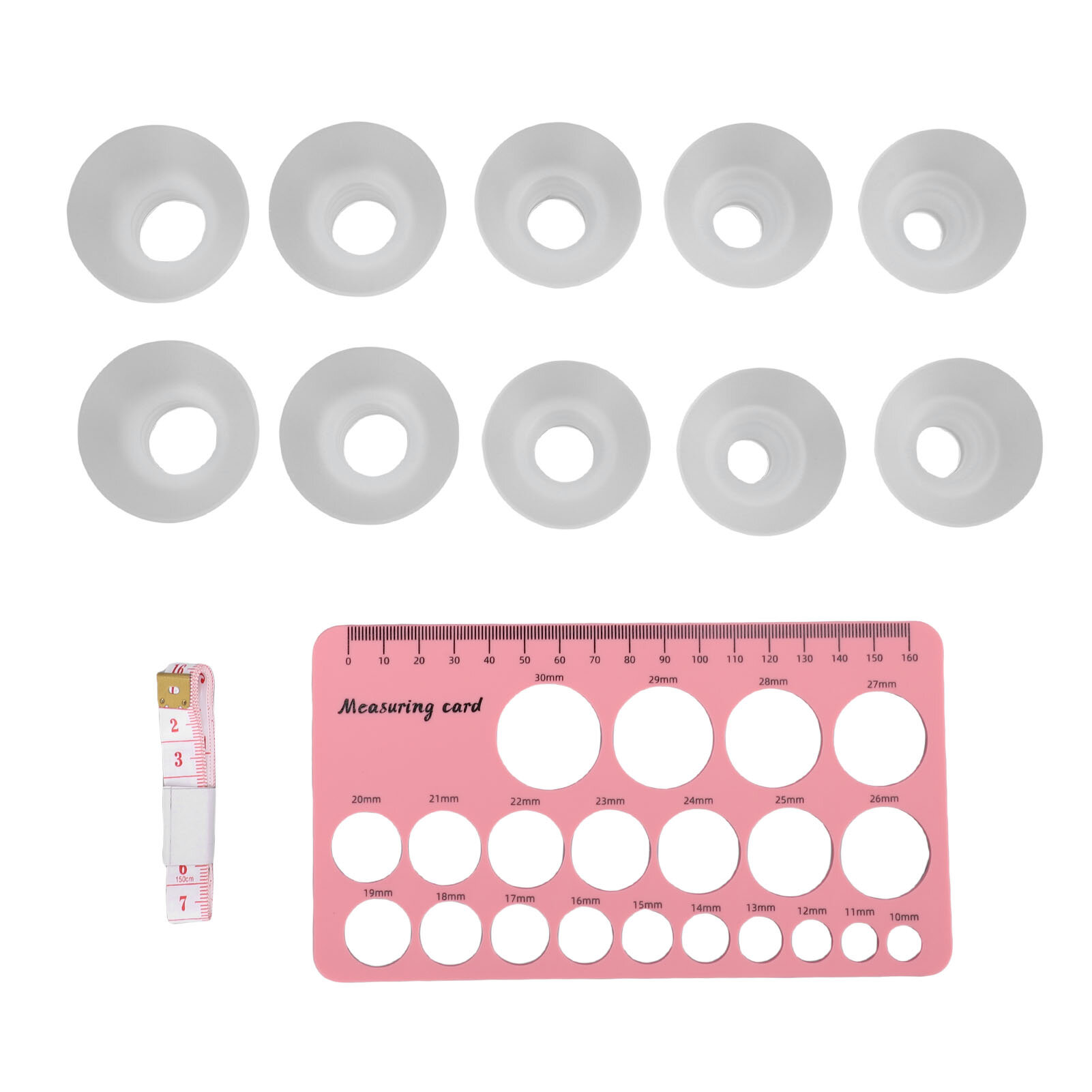 Комплект для подбора размера фланцев: силиконовые фланцы 13, 15, 17, 19, 21 мм для электрических молокоотсосов 24 мм с измерительной лентой 1,5 м.