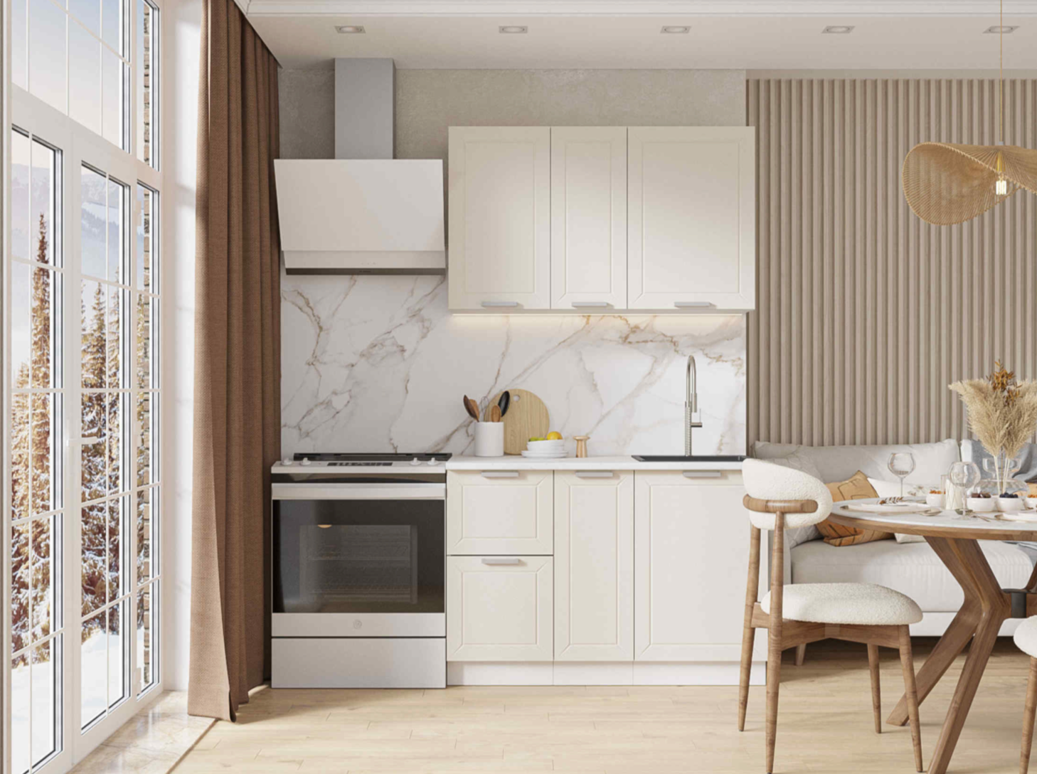 Кухня Альфа 1,2 м холст белый (корпус белый, столешница мрамор лацио)