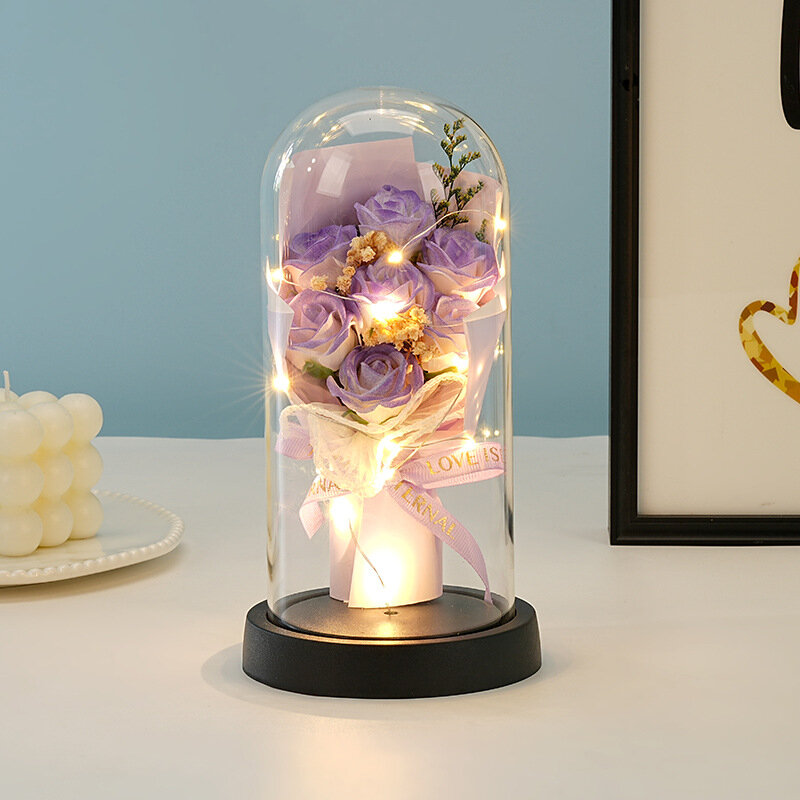 Букет вечных роз в стеклянном куполе, ночник, украшение, сухоцветы, гипсофила, подарок на День святого Валентина для девушки