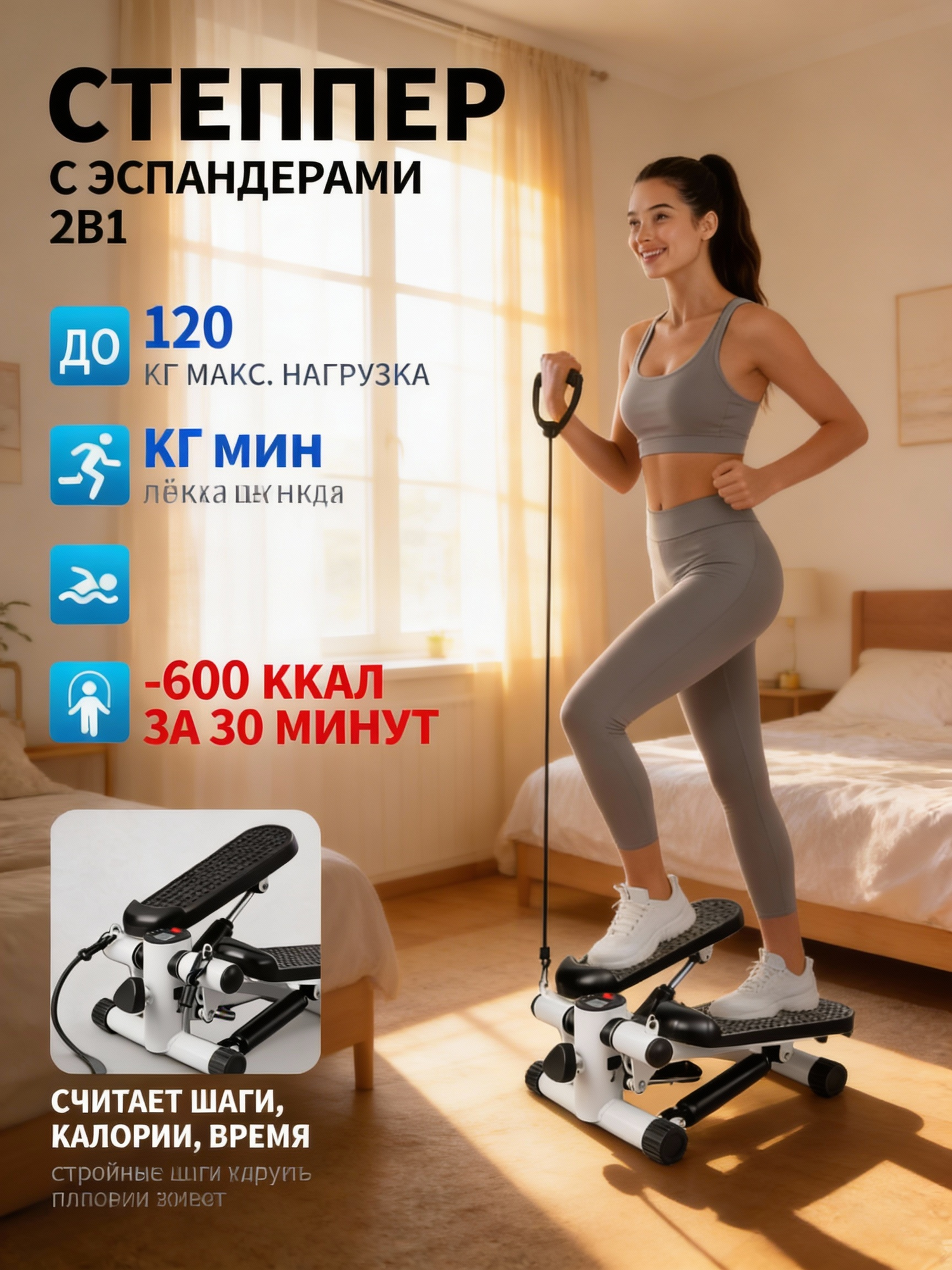 Степпер с эспандерами тренажер для дома Мини тренажер для похудения, для ходьбы, для ног и ягодиц