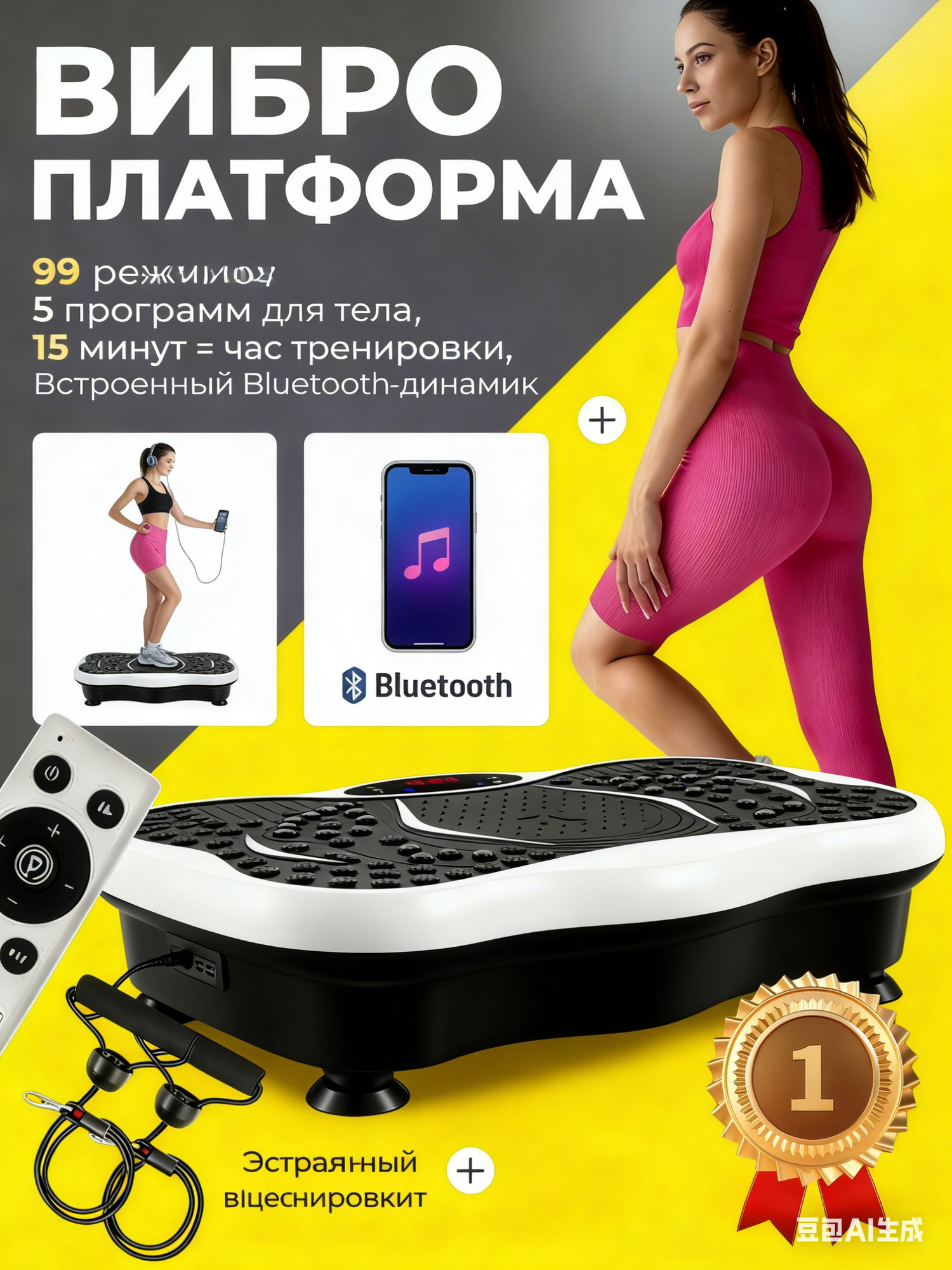 Виброплатформа, вибротренажер, кардио степпер, фитнес-платформа, спортивный тренажер для похудения с эспандерами