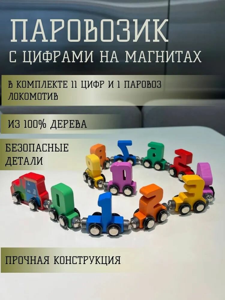 Деревянный паровозик с цифрами на магнитах.