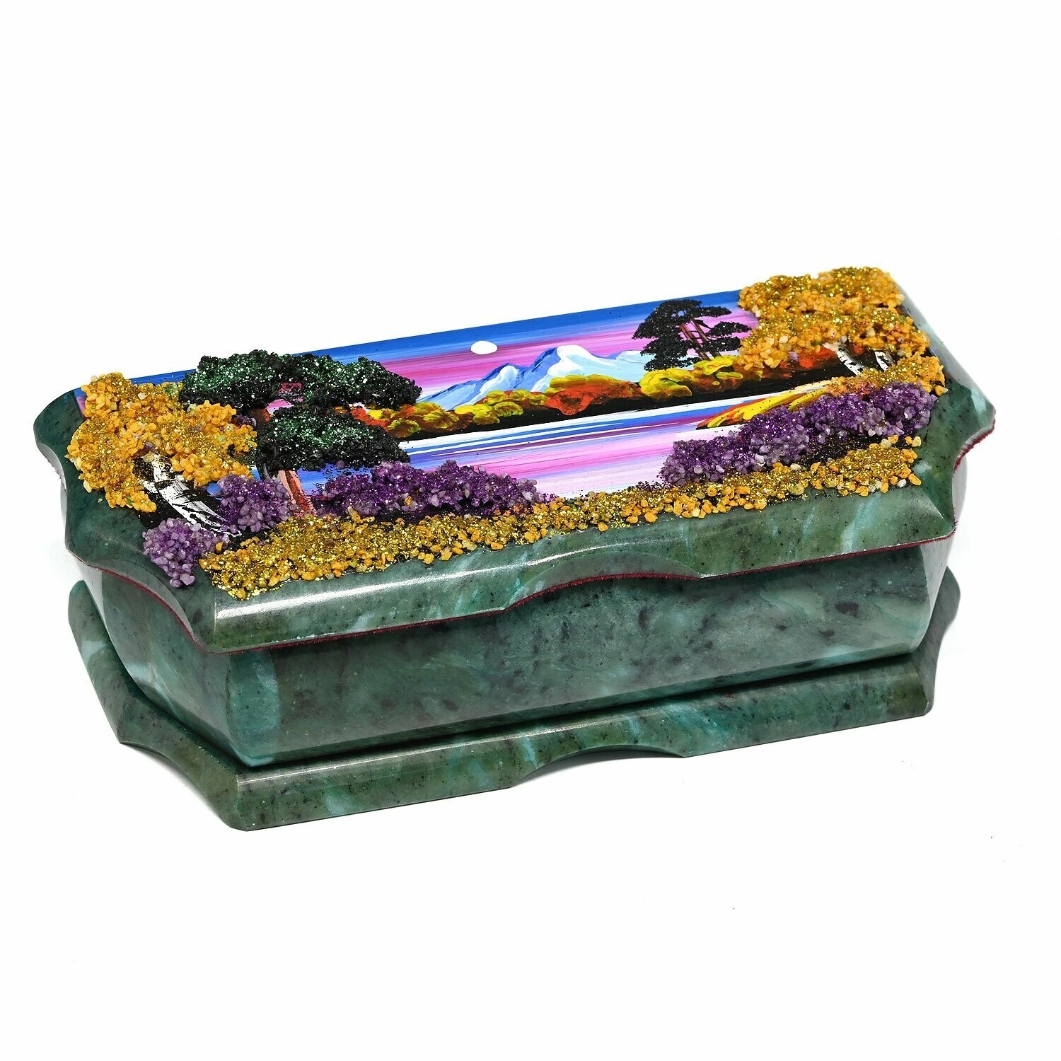 Подарочный ларец из змеевика с рисунком "Осень" 180*75*55мм. .