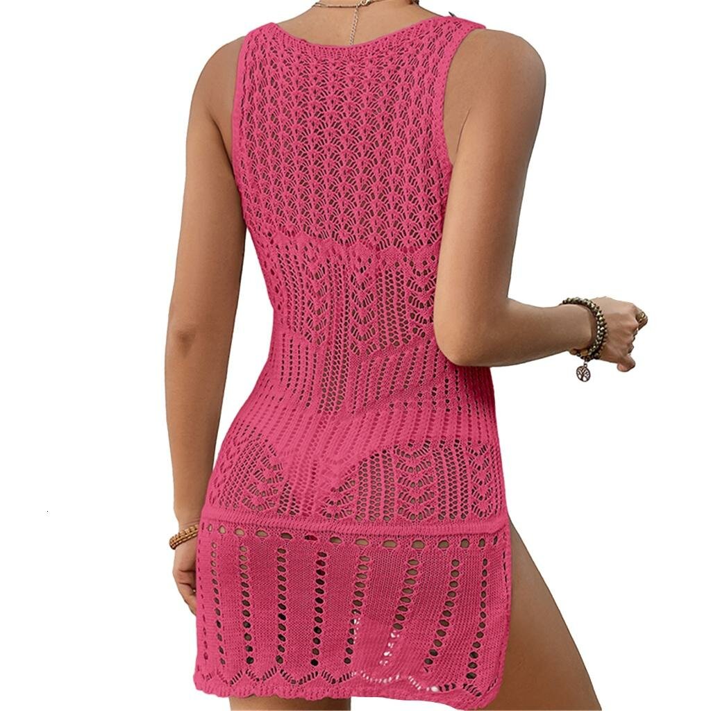 Купальный костюм крючком, пляжное платье, Розово-красный