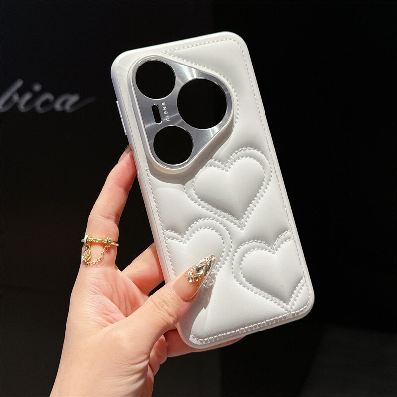 Чехол для Huawei Pura 70 Pro, белый, с сердечками, стеганый, противоударный, стильный дизайн