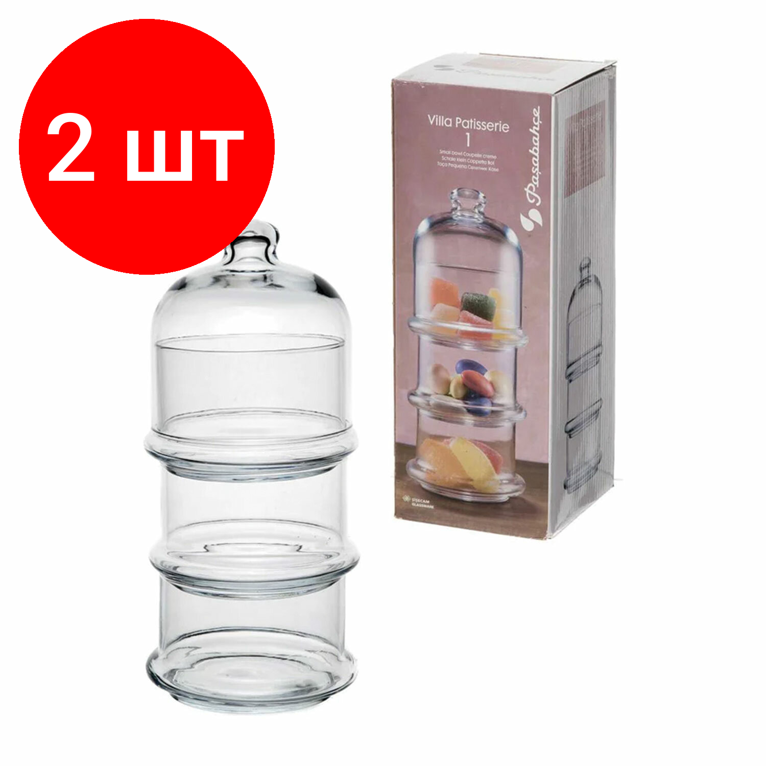 Комплект 2 шт, Менажница этажерка с крышкой, 3 емкости, высота 222 мм, стекло, PASABAHCE VILLA PATISSERIE, 96986