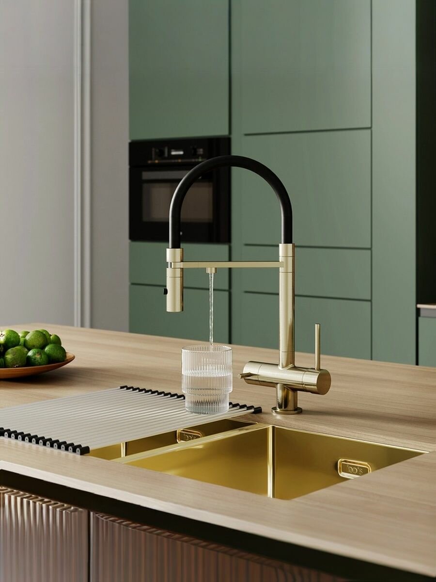 Смеситель IDDIS Ace ACEMGFFi05 для кухонной мойки, матовое золото, с гибким изливом