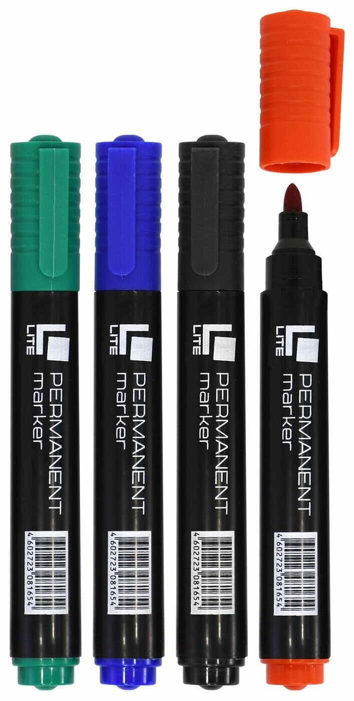 Набор перманентных маркеров LITE 1-3 мм ассорти, круглый наконечник, 4 штуки
