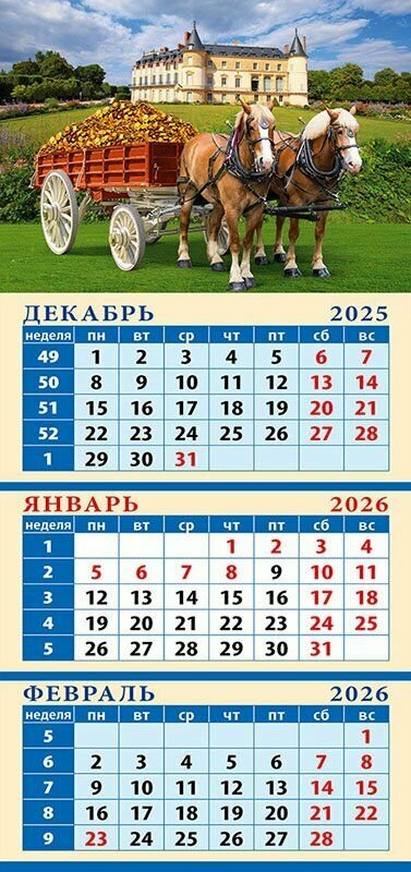 Календарь на 2026 год квартальный на магните 11*24,5 см Год лошади - год удачи