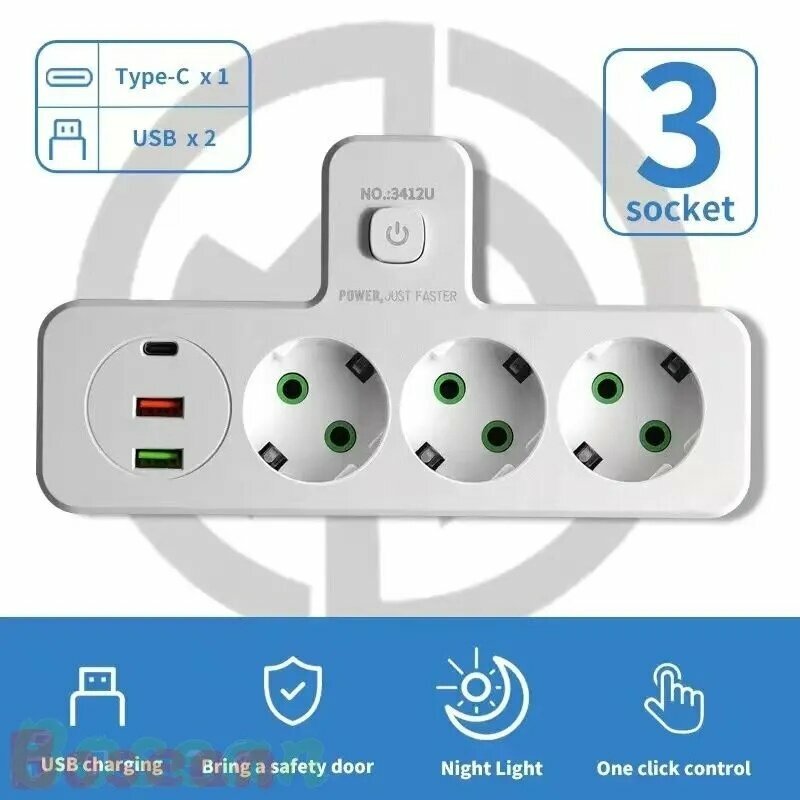 Разветвитель электрический TESSAN с 3 розетками,2 USB - C,1 USB - A,16A