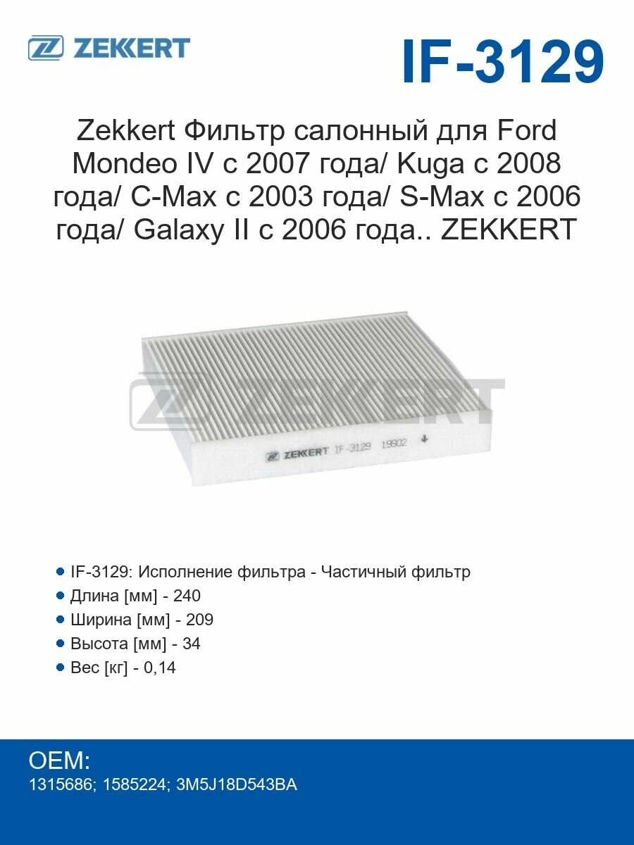 Zekkert Фильтр салонный для Ford Mondeo IV с 2007 года/ Kuga с 2008 года/ C-Max с 2003 года/ S-Max с 2006 года/ Galaxy II с 2006 года. ZEKKERT