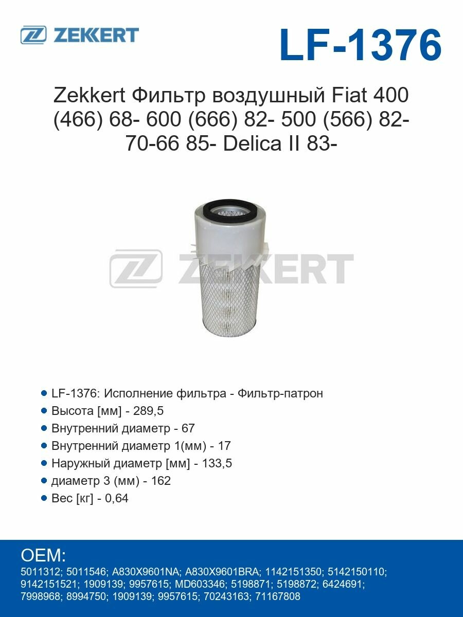 Zekkert Фильтр воздушный Fiat 400 (466) 68- 600 (666) 82- 500 (566) 82- 70-66 85- Delica II 83-