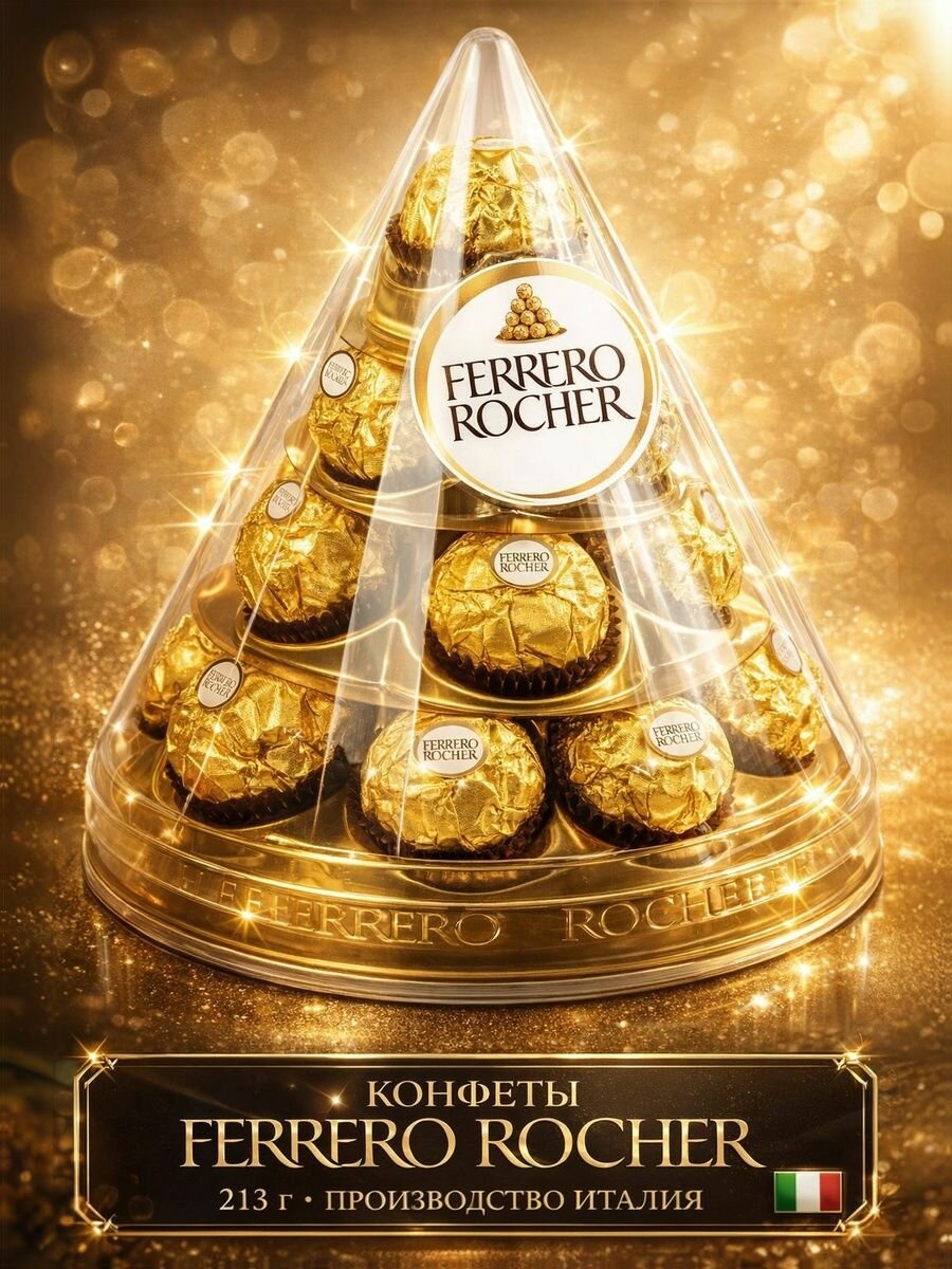 Конфеты в коробке в подарок Ferrero Rocher из молочного шоколада с начинкой из крема и лесного ореха, 212,5 г, Италия