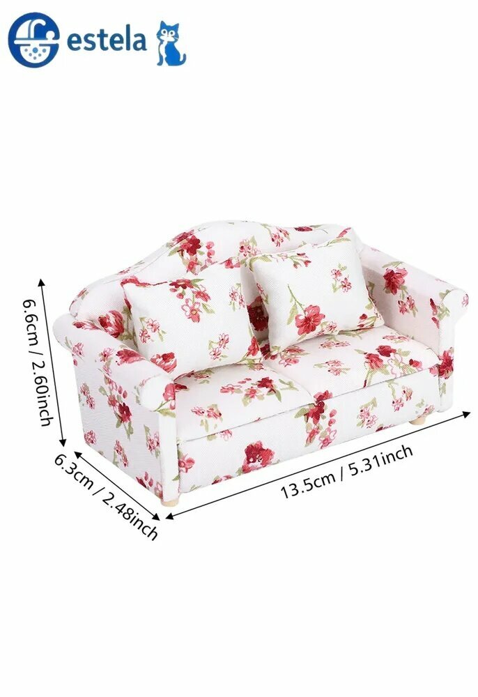 Диван для кукольного домика 1/12, двухместный с подушками, цветочный узор #1, дерево и ткань, 13.5 см