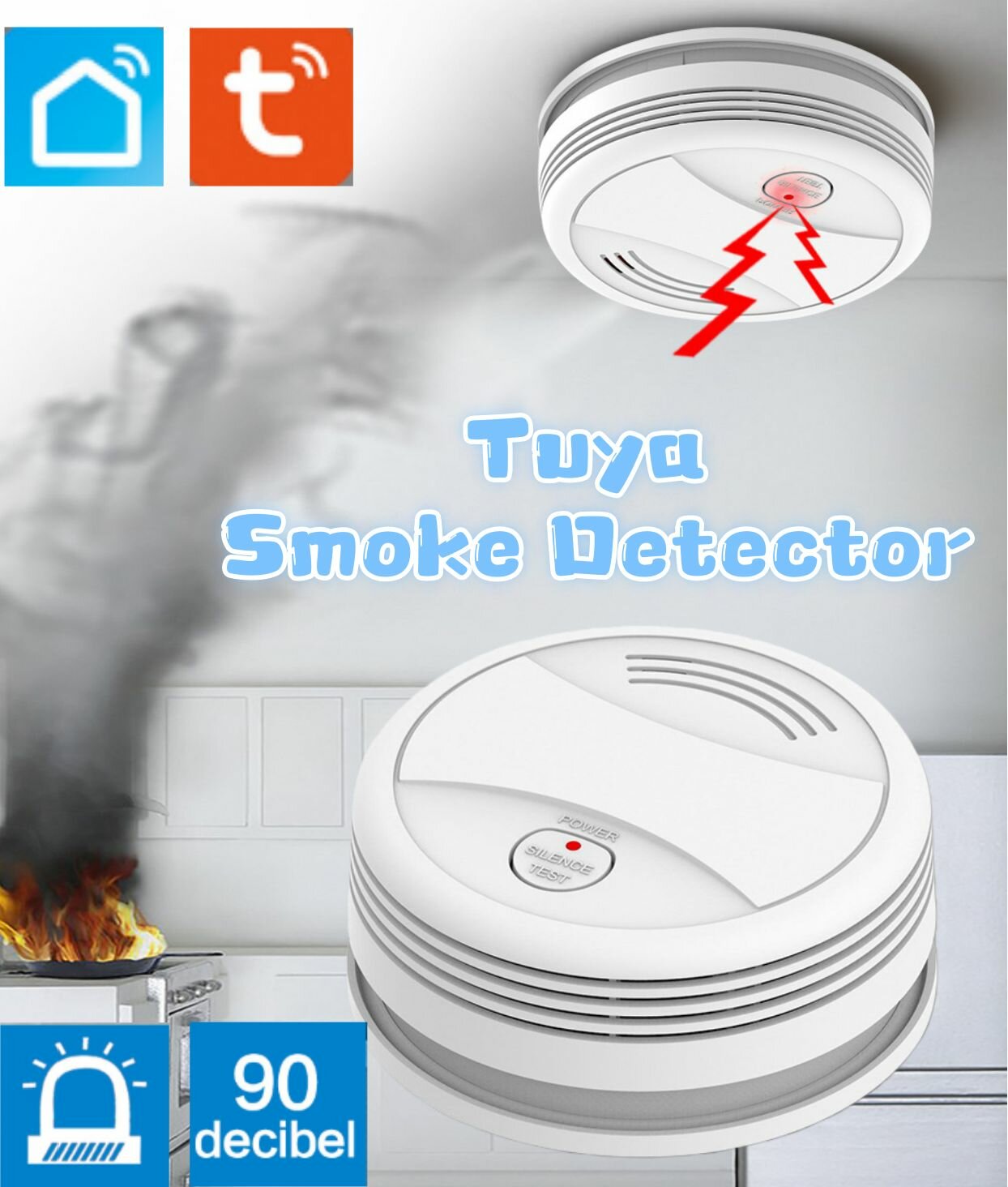 Умный Wi-Fi датчик дыма Tuya, фотoэлектрический сенсор, громкая сирена 90 дБ, оповещение через приложение, пожарная сигнализация для дома и офиса