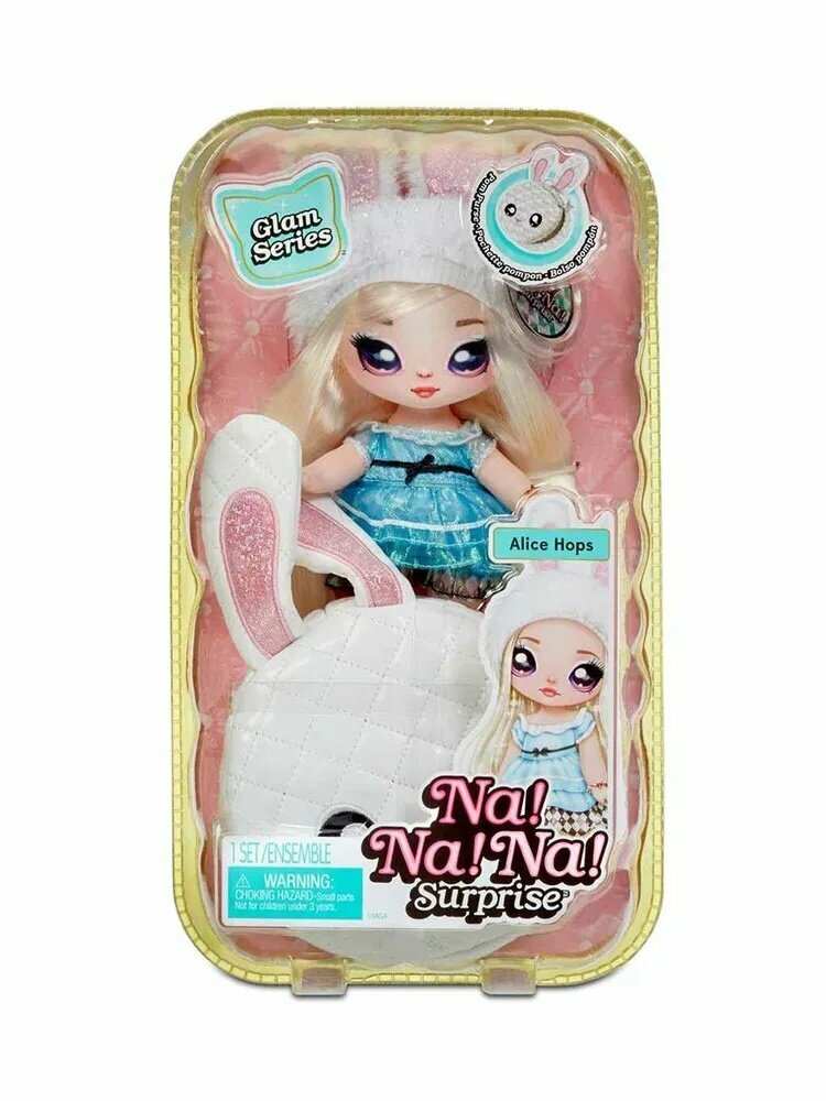 MGA Na Na Na Surprise Glam Series - Alice Hops Fashion Doll / Коллекционные куклы детской моды, Кукла-блондинка в мерцающем голубом платье с заячьими ушками и белой кроличьей сумочкой