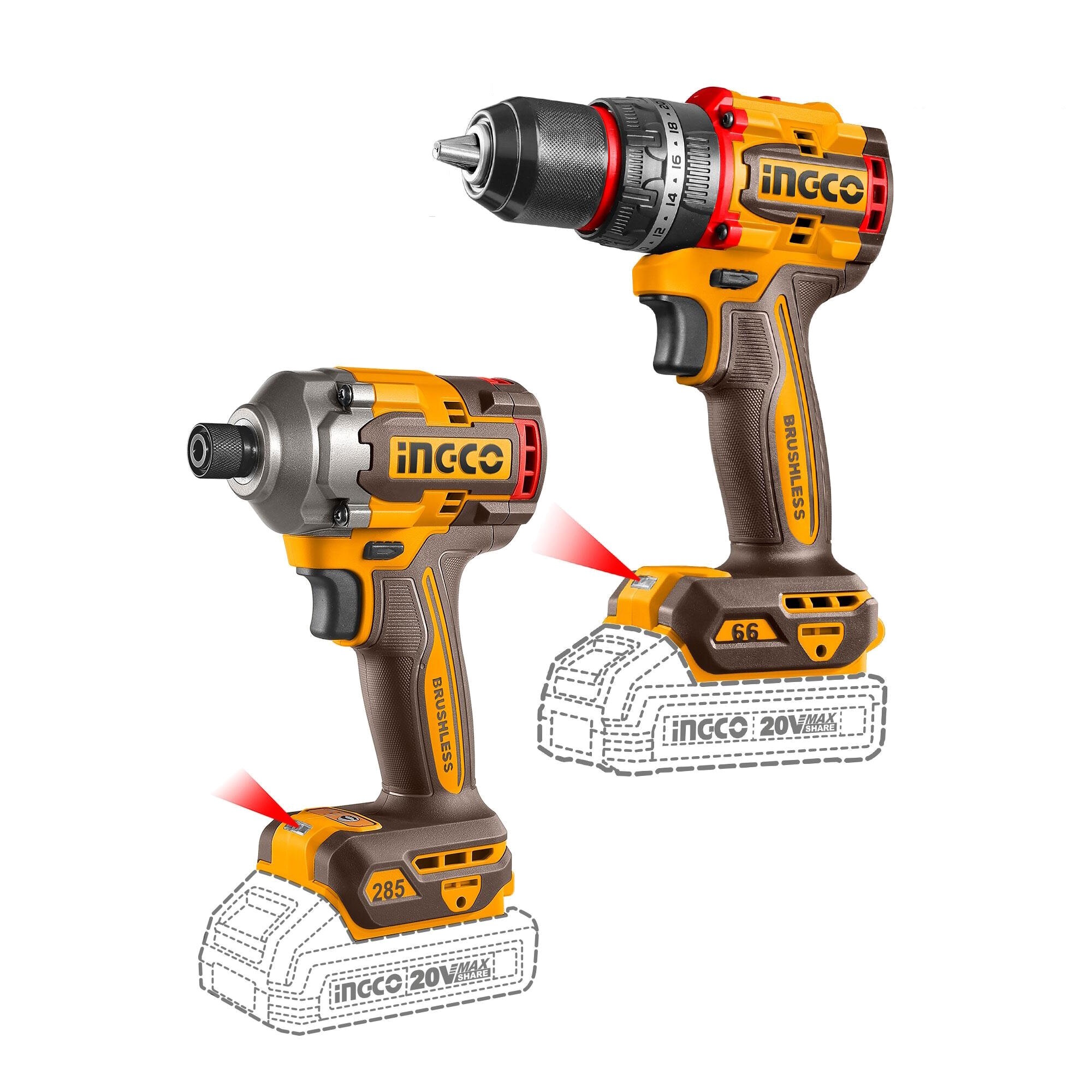 INGCO Набор аккумуляторного инструмента 20В 2 шт INDUSTRIAL CKLI20277