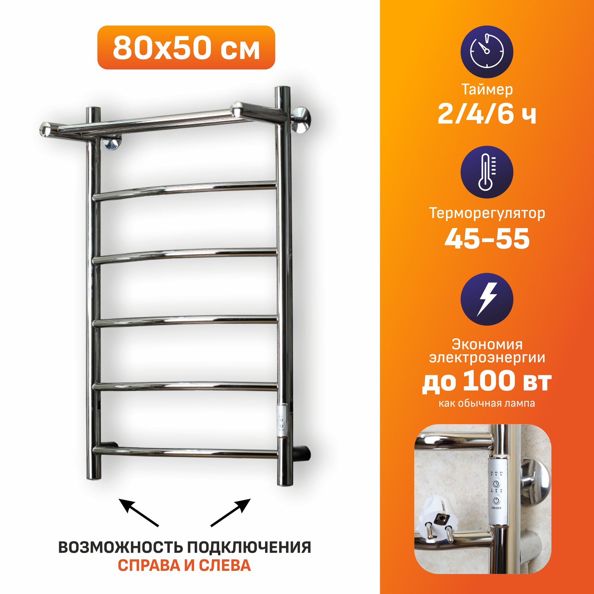 Полотенцесушитель Тругор ПЭК СП5 П, электрический, кабель, 80x50 см