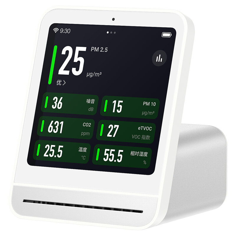 Qingping Air Monitor 2 — комплексный гаджет для умного дома с приложением, Wi-Fi, функцией обнаружения 7 параметров, датчиком температуры и влажности в помещении, датчиком CO2, PM2.5, PM10 и eTVOC, высококачественным сенсорным IPS-экраном.