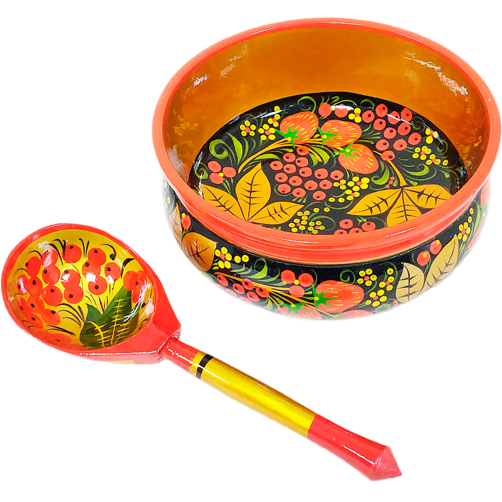 Деревянный салатник ручной работы, "Хохлома", с ложкой, 700мл.