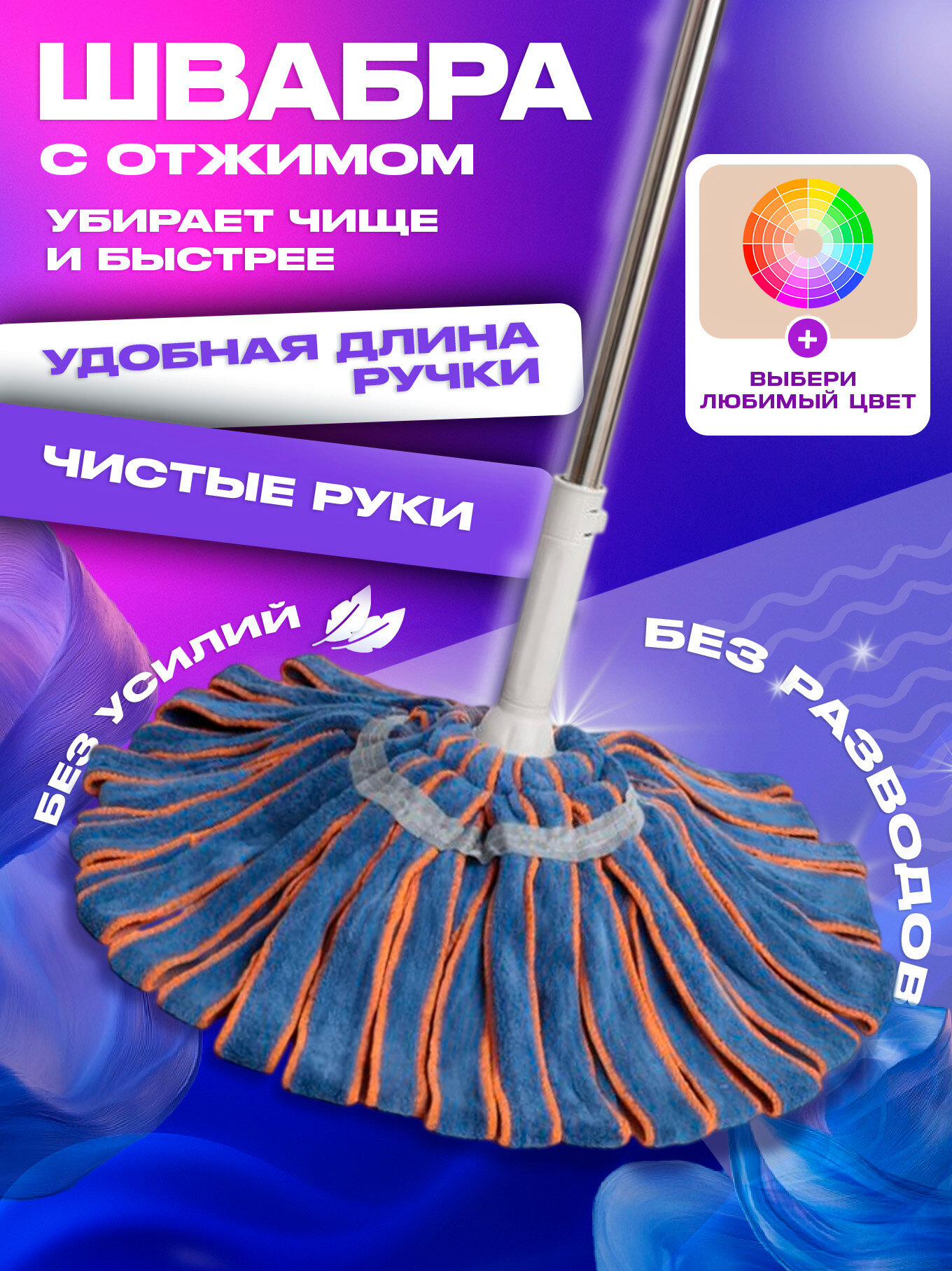 Швабра для пола с отжимом и круглой насадкой из микрофибры, темно-синий