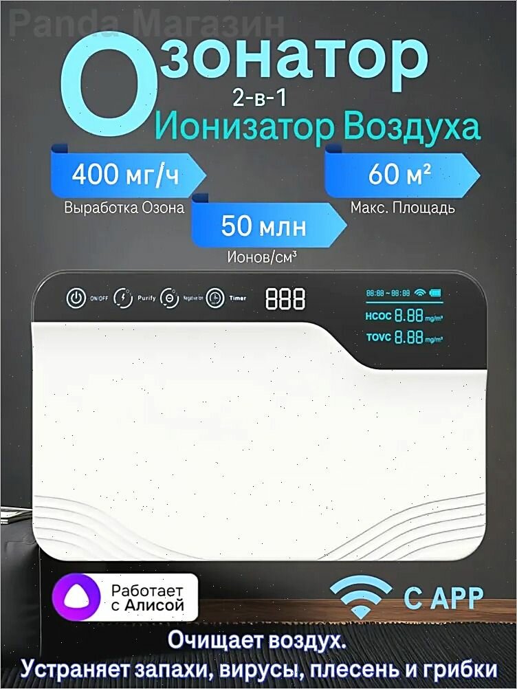 Озонатор - ионизатор для дома 2-в-1 с Wi-Fi и датчиком TVOC для дезинфекции, очистки и устранения запахов