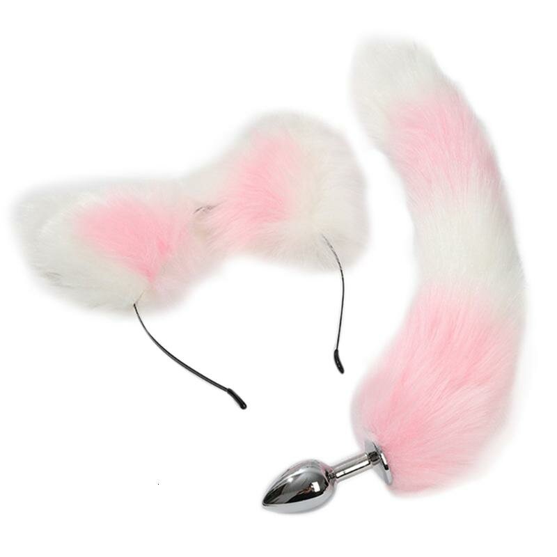 Металлический батт-плаг с плюшевой кроличьей хвостиком и повязкой, Белый порошок