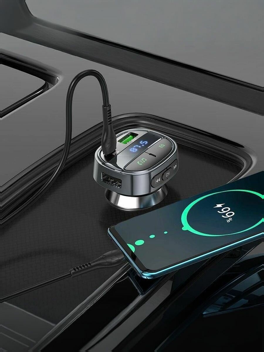 Автомобильное зарядное устройство Hoco E70 FM-Модулятор, USB, Type-C, 30Вт, Black