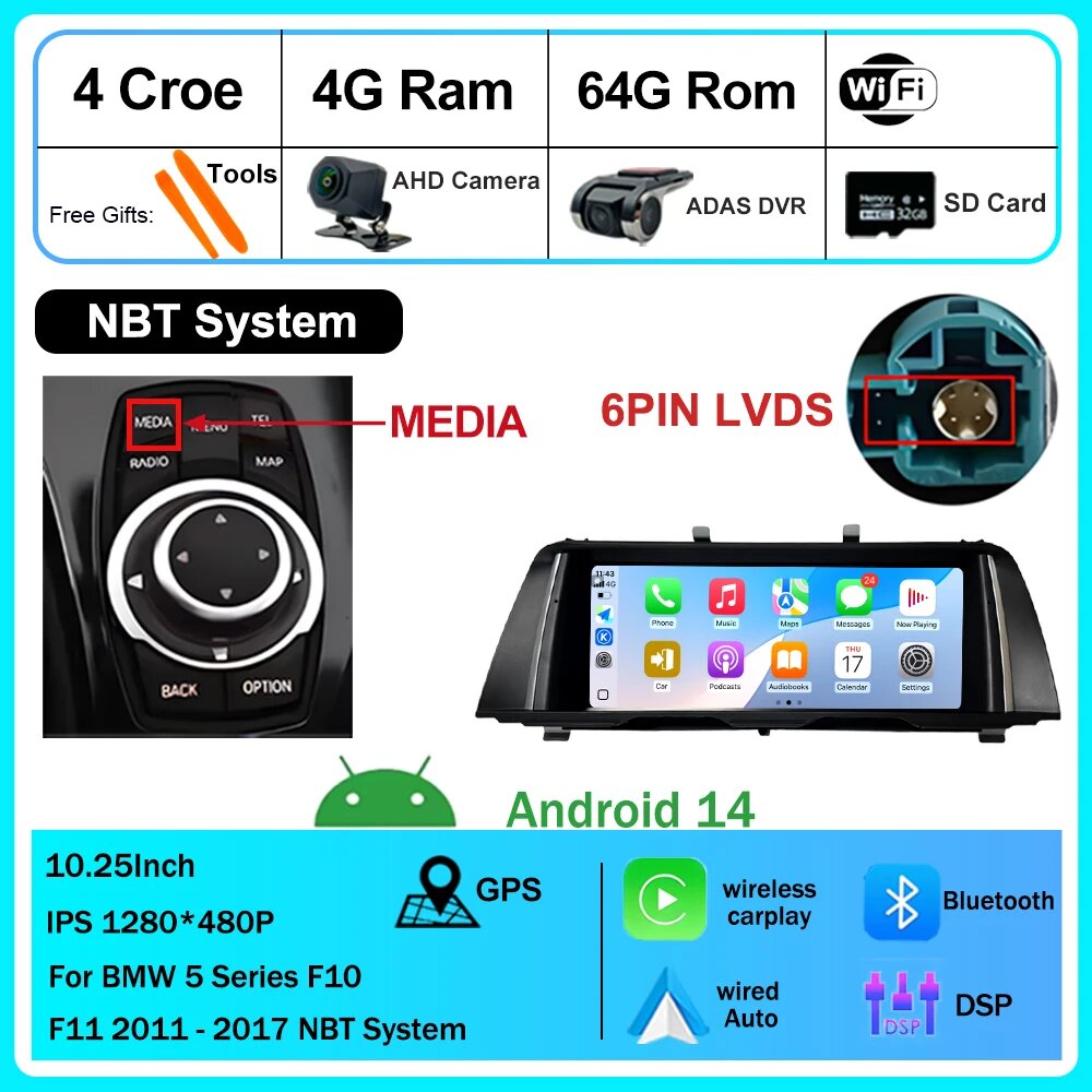 10,25-дюймовый Android 14 беспроводной Carplay для BMW 5 серии F10 F11 2011 2012 2013 NBT 4G 64G DVR